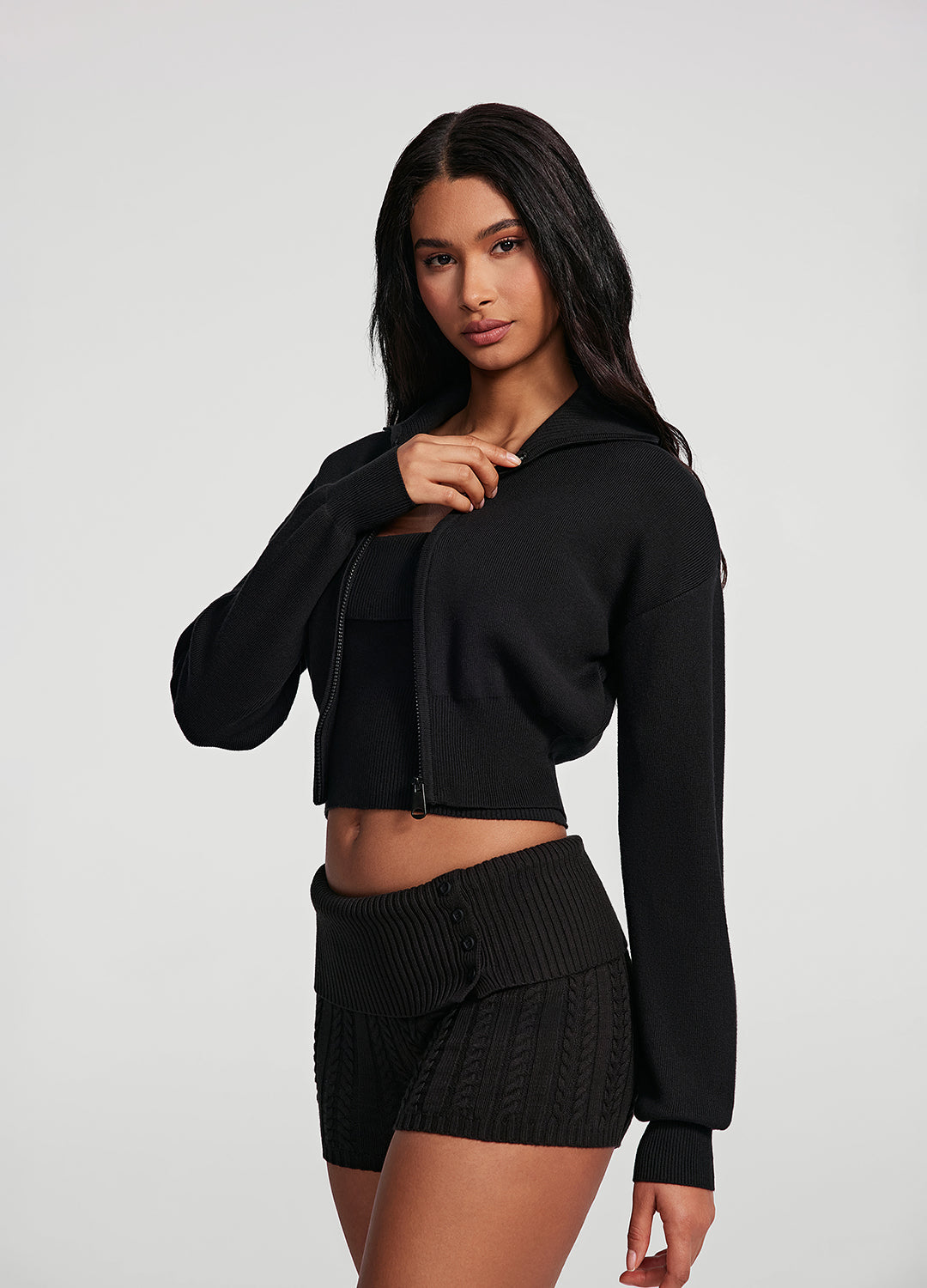 Knit Cropped Zip-Up Jacket (Color: Black) | BetterMe Store
