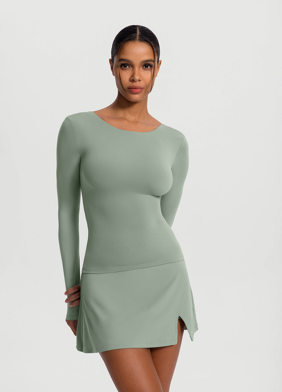 Open-Back Long Sleeve Top (Color: Sage Green) | BetterMe Store