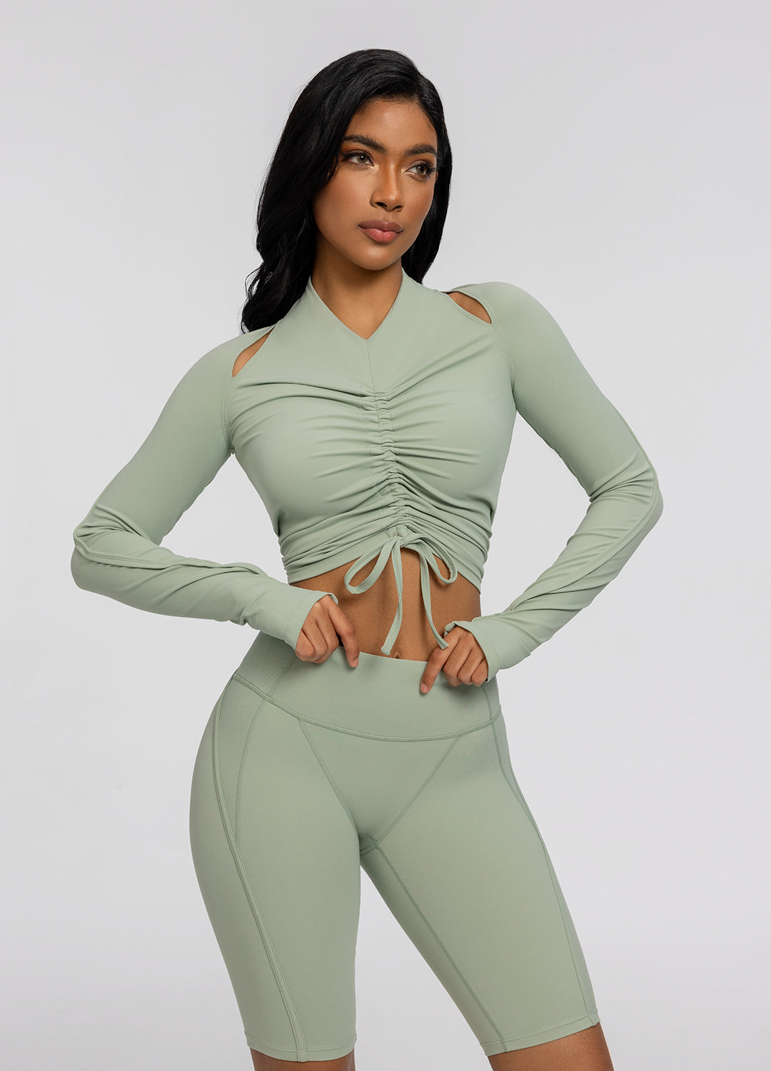 Drawstring Crop Top (Color: Sage Green) | BetterMe Store